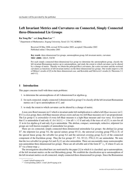 PDF Left Invariant Metrics And Curvatures On Simply Connected Threedimensional Lie Groups
