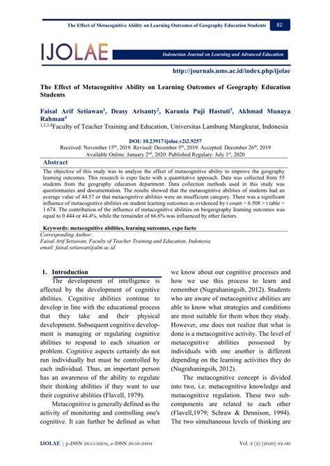 Pdf The Effect Of Metacognitive Ability On Learning Outcomes Of