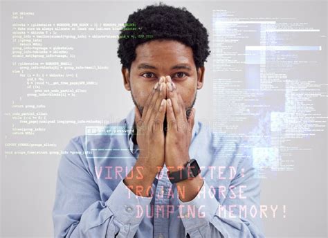 Black Man Surprised Portrait And Computer Virus Overlay With Online