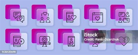 데이트 앱 세트 아이콘입니다 웹 사이트 회의 마음 느낌 사랑 버튼 커서 손가락 음성 거품 커플과 같은 거리 관계 개념 유리 형태 스타일 비즈니스용 벡터 줄 아이콘 0명에