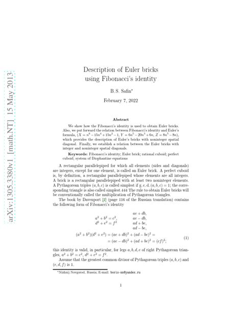 Description Of Euler Bricks Using Fibonaccis Iden Pdf Mathematics Number Theory