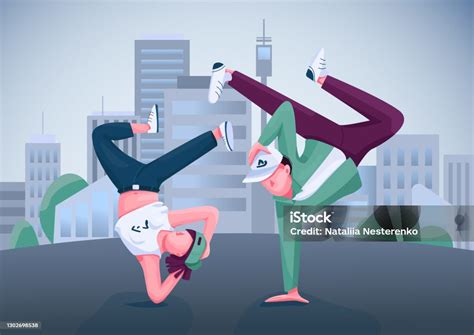 도시 댄서 플랫 컬러 벡터 일러스트 힙합 현대 댄스 공연 2d 만화 캐릭터 브레이크댄스 퍼포먼스 B 보이링 쇼 현대적인 도시 경관 을 배경으로 브레이크 댄싱에 대한 스톡