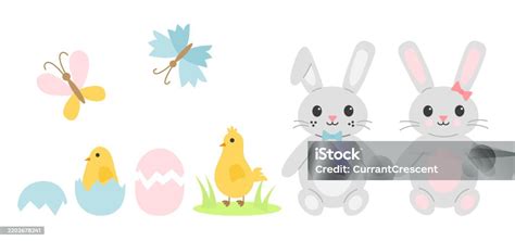 두 마리의 회색 토끼 노란 병아리 나비 금이 간 달걀이 있는 평평한 만화 부활절 요소 파스텔 색상 팔레트 장식용 귀여운 휴일 및 봄 테마 디자인 및 클립아트 세트 개체