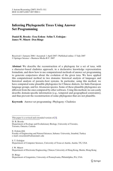 Pdf Inferring Phylogenetic Trees Using Answer Set Programming