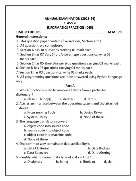 Class Xi Informatics Practices Exam Pdf Table Database Sql