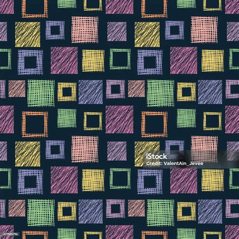 사각형으로 원활한 벡터 기하학 패턴입니다 손으로 블루 끝 없는 배경 질감된 기하학적 그림 그려 포장 웹 배경 배경 화면 그래픽 일러스트 템플릿 0명에 대한 스톡 벡터 아트