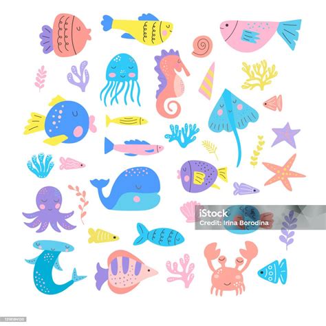 고래 문어 게 해파리 생선과 조류 귀여운 만화 해양 생물의 세트 벡터 그래픽 흰색 배경에 노트북 포장 포스터 엽서 표지 배너