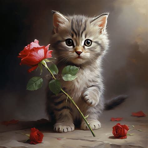 Adorable Kitten With A Rose In Natural Setting Stock Illustration