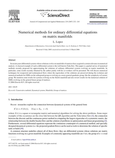 Pdf Numerical Methods For Ordinary Differential Equations On Matrix Manifolds