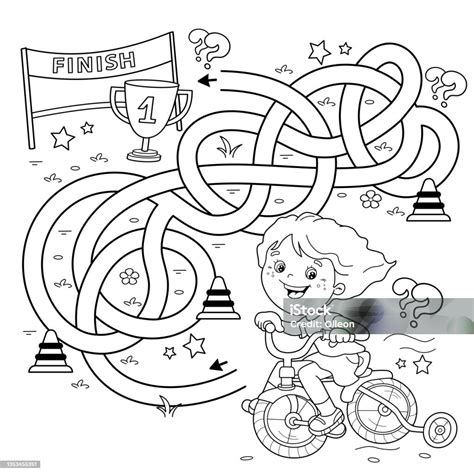 미로 또는 미로 게임 수수께끼 얽힌 도로 자전거 나 자전거에 만화 소녀의 색칠 페이지 개요 스포츠 활동 아이들을위한 색칠 공부책 두발자전거에 대한 스톡 벡터 아트 및 기타