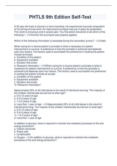Phtls 9th Edition Self Test Updated Version 2023 2024 Verified