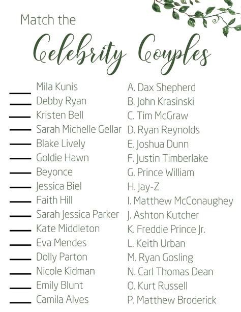 Celebrity Couple Game Etsy