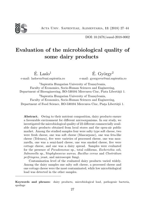 PDF Evaluation Of The Microbiological Quality Of Some Dairy Products