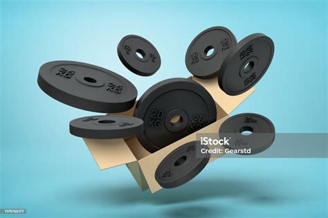 파란색 배경에 밖으로 비행하고 떠있는 검은 무게 판의 전체 공기에 골판지 상자의 3d 렌더링 0명에 대한 스톡 사진 및 기타