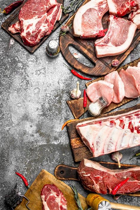Different Types Of Raw Pork Meat And Beef With Spices And Herbs Stock Image Image Of Food