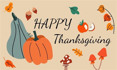 귀여운 손으로 그린 텍스트 가을 잎 호박 도토리 버섯 및 사과와 추수 감사절 벡터 배너 다채로운 추수 감사절 자연 일러스트레이션 웹 배너 프로모션 포스터 마케팅 가을에 대한