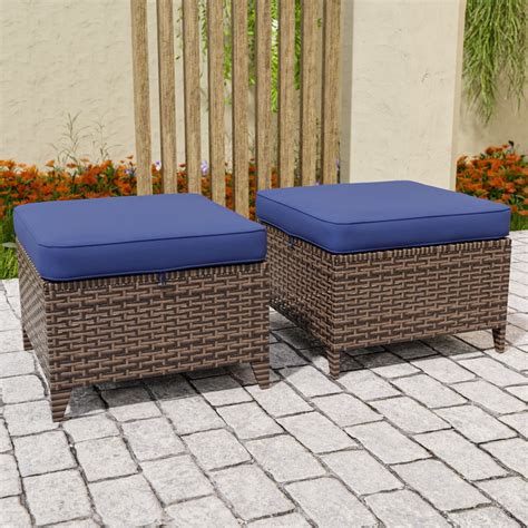 Coos Bay Harbor Retreat Set Of 2 Outdoor Pe Wicker Ottomans Patio Rattan Footstool W Removable