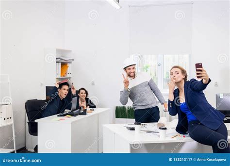 Selfie Time Office Workers Taking Selfies At Work Stock Image Image
