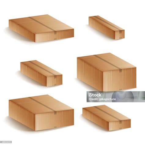 현실적인 골 판지 상자 격리 벡터 일러스트 레이 션을 설정합니다 배달이 골 판지 3d 현실 장식 상자 아이콘 격리 설정 종료 3차원 형태에 대한 스톡 벡터 아트 및 기타