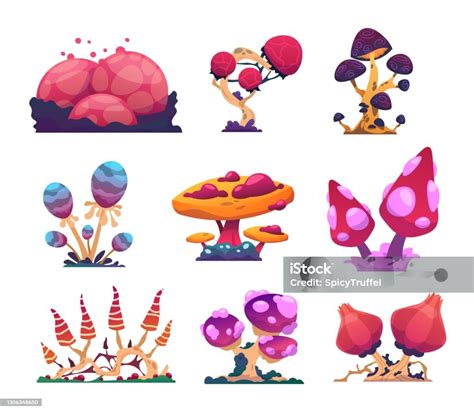 외계인 버섯 만화 판타지 식물 외계 자연 물약에 대한 마법의 재료 격리된 두꺼비 도구 유형 집합입니다 포자가 있는 기괴한 그레브 벡터 가상의 곰팡이 강렬하고 밝은 색상에