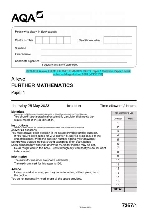 AQA A Level FURTHER MATHEMATICS Paper Question Paper Mark Scheme Merged June