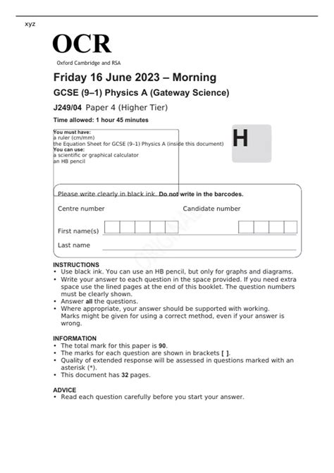 OCR GCSE Physics A Gateway Science J Paper Higher Tier JUNE QUESTION PAPER