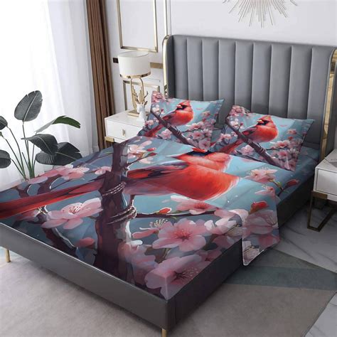 Zcsm Cardinal Sheets King Sheet Sets Red Bird And Cherry