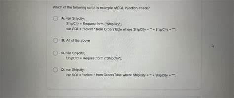 Solved Which of the following script is example of SQL | Chegg.com