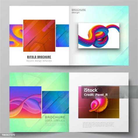 사각형 디자인 Bifold 브로셔 잡지 전단지 소책자를위한 두 개의 표지 템플릿의 벡터 일러스트 레이아웃 미래 기술 디자인 유체 그라데이션 모양 조성다채로운 배경 0명에