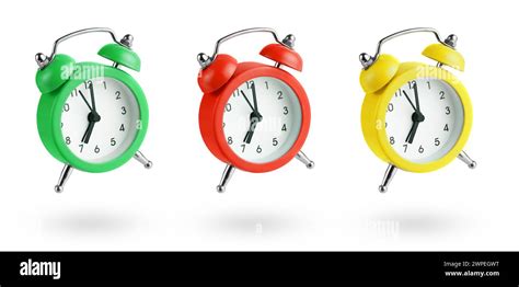 Set Of Floating Alarm Clocks Isolated On White Background With Clipping