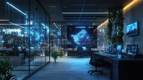 Modern Office With Global Connection And Data Analysis Displaying On