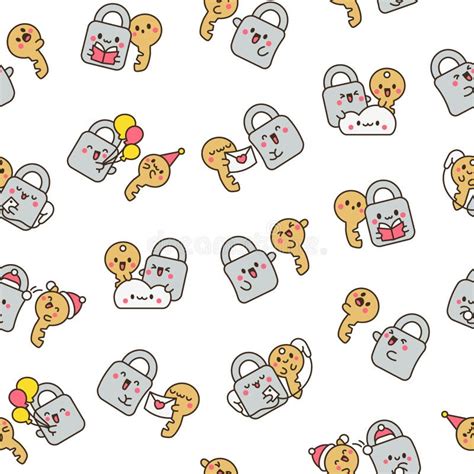 Cute Kawaii Padlock And Key Seamless Pattern Stock Vector