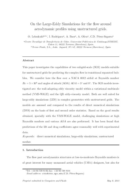 Pdf On The Large Eddy Simulations For The Flow Around Aerodynamic