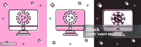 분홍색과 흰색 검은 색 배경에 격리 된 모니터 아이콘에 바이러스 통계를 설정합니다 코로나 바이러스 2019ncov 박테리아와