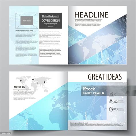 사각형 디자인 Bi에 대 한 두 개의 표지 서식 파일의 편집 가능한 레이아웃의 벡터 일러스트 레이 션 소책자 전단지 잡지 브로셔 접어 다각형 텍스처입니다 글로벌 연결 미래