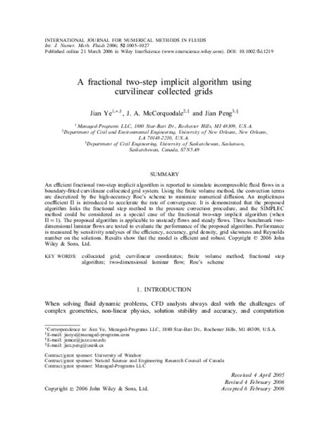 Pdf A Fractional Two Step Implicit Algorithm Using Curvilinear Collected Grids