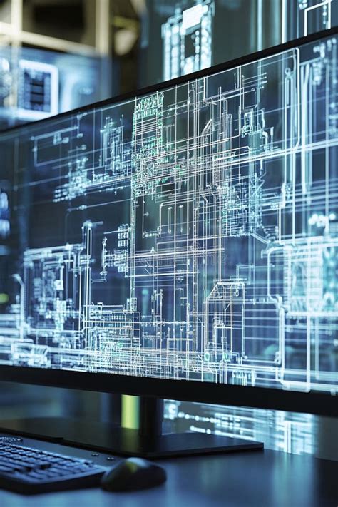 Computer Workstation Featuring A Complex Cad Layout Of An Energy Grid