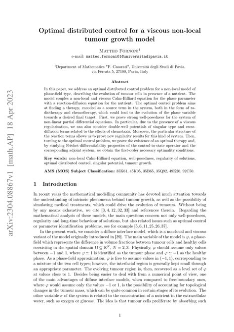 Pdf Optimal Distributed Control For A Viscous Non Local Tumour Growth Model