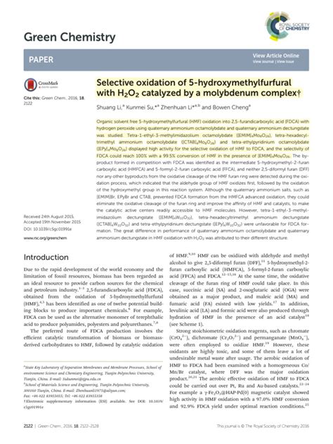 4selective Oxidation Of 5 Hydroxymethylfurfural Pdf Catalysis Hydrogen Peroxide