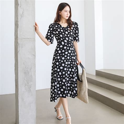 프롬코 자체제작 여름 도트 땡땡이 쉬폰 롱 원피스 Frc68