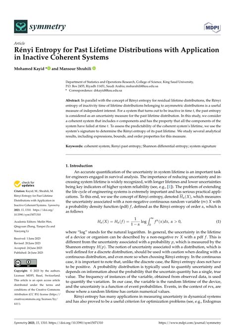 Pdf Rényi Entropy For Past Lifetime Distributions With Application In
