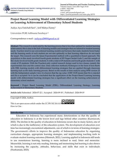 Pdf Project Based Learning Model With Differentiated Learning