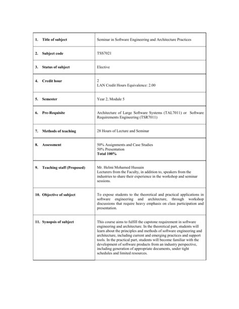 Software Engineering Architecture Seminar Syllabus