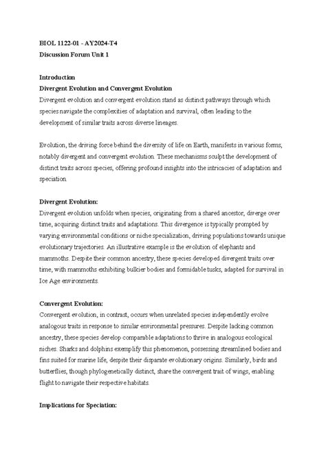 Discussion Forum Unit 1 Biol 1122 01 Ay2024 T Discussion Forum Unit 1 Introduction Divergent
