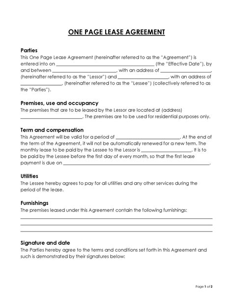 Free One Page Lease Agreement Templates Word Pdf