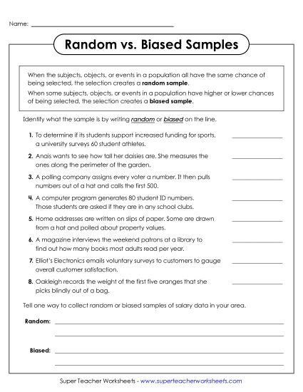 Identifying Random And Biased Samples Printable Statistics Identify Vs Nonrandom Pdf Worksheet