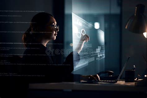 Futuristic Hologram And Laptop With Business Woman At Night For