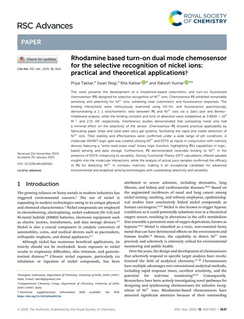 Pdf Rhodamine Based Turn On Dual Mode Chemosensor For The Selective Recognition Of Nickel Ions
