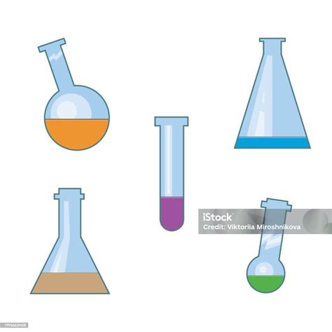 흰색 배경에 고립 된 플라스크 또는 비커의 물약 신비주의와 마법을위한 평면 유리 객체 세트가있는 벡터 스톡 일러스트레이션 과학에 대한 스톡 벡터 아트 및 기타 이미지