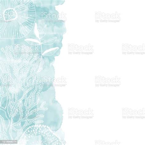 손으로 그린 바다 식물과 흰색 배경에 파란색 수채화 조각과 Ector 그림 해양 배경 텍스트 공간이 있는 일러스트레이션은 카드 또는 초대 카드를 만드는 데 사용할 수